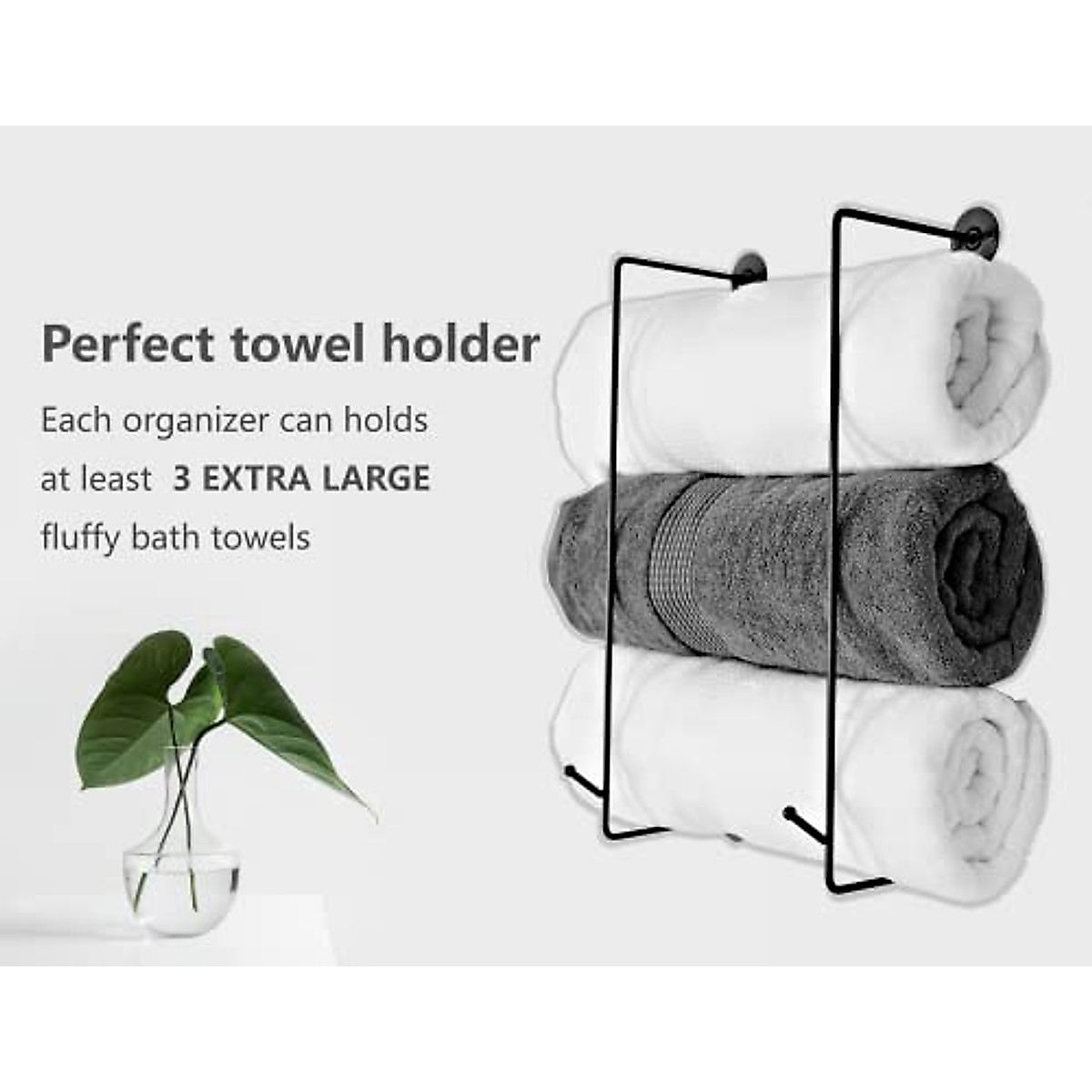 2 Pack Towel Rack Holder and 3 Set Hanging Extra Bakset, Minimalist Design,Wall Mounted Metal Towel Shelf with Hooks,Wall Mount Fruit Basket,No Drilling,Black