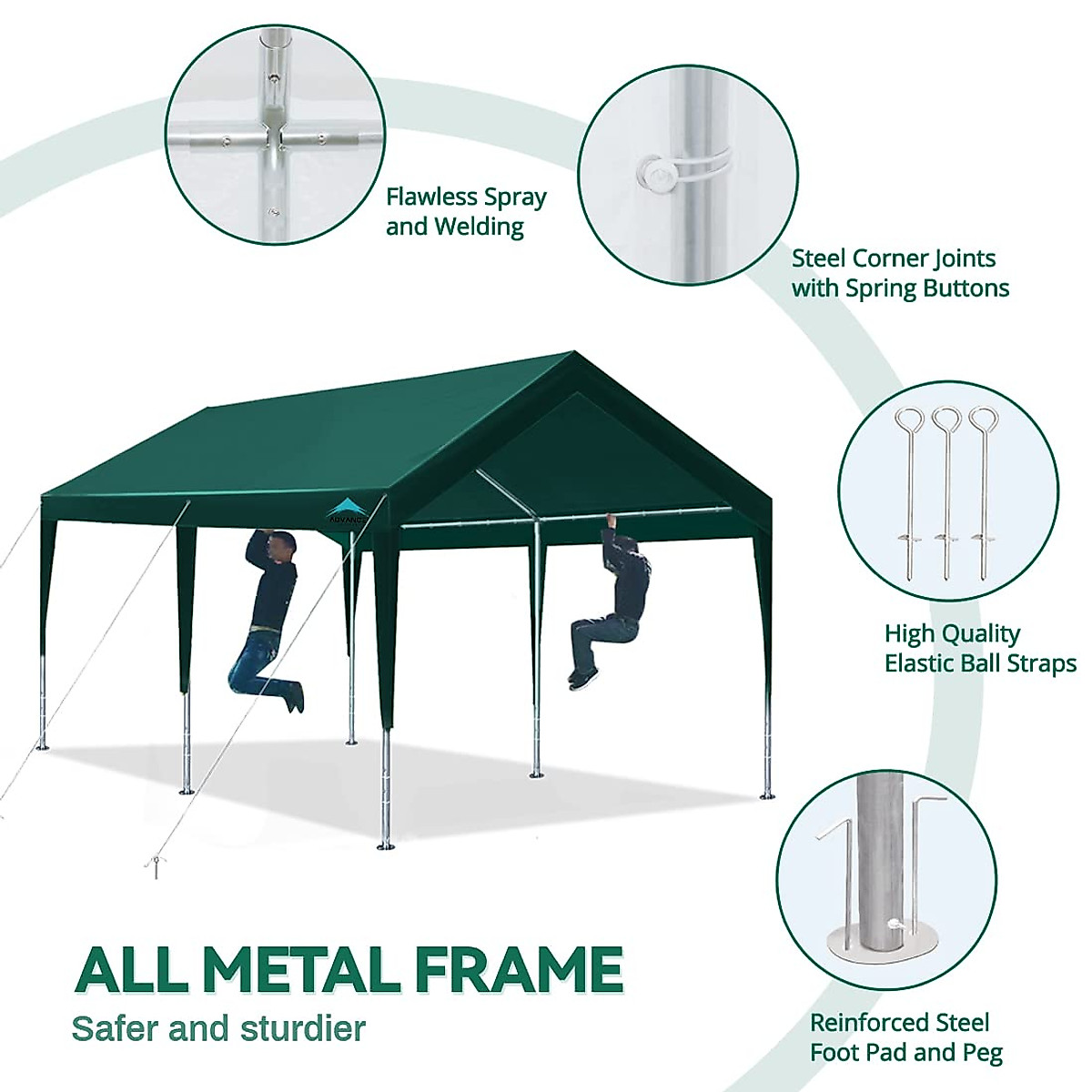 ADVANCE OUTDOOR 10x20 ft Carport with Adjustable Height from 9.5 ft to 11 ft, Heavy Duty Car Canopy Garage Party Tent Boat Shelter, Green
