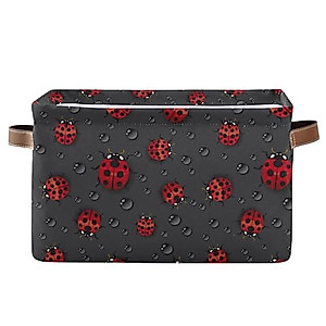 Kigai Black Ladybugs Storage Basket 2pcs, Large Collapsible Toys Clothes Organizer, Durable Canvas Storage Bin with Handle for Shelves Closet Laundry Home Office Decor