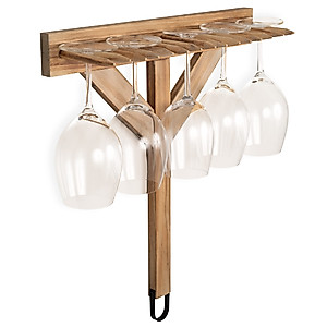 Rustic State Mucur Rake Design Wall Mounted Stemware Rack Hanging Shelf Glassware Holder Bar Organizer with 6 Wine Glass Storage 17.5 Inch Long Light Walnut