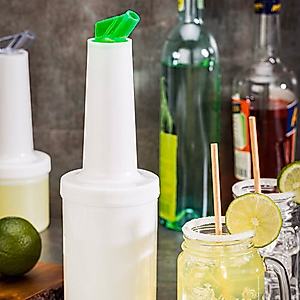 Restaurantware 1 qt Plastic Quick Pour Storage Container Bottle - with Green Spout and Lid - Bar Storage Bottle - 3 1/2" x 3 1/2" x 13" - 1ct Box - Bar Lux