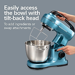 Hamilton Beach Electric Stand Mixer, 4 Quarts, Dough Hook, Flat Beater Attachments, Splash Guard 7 Speeds with Whisk, Blue