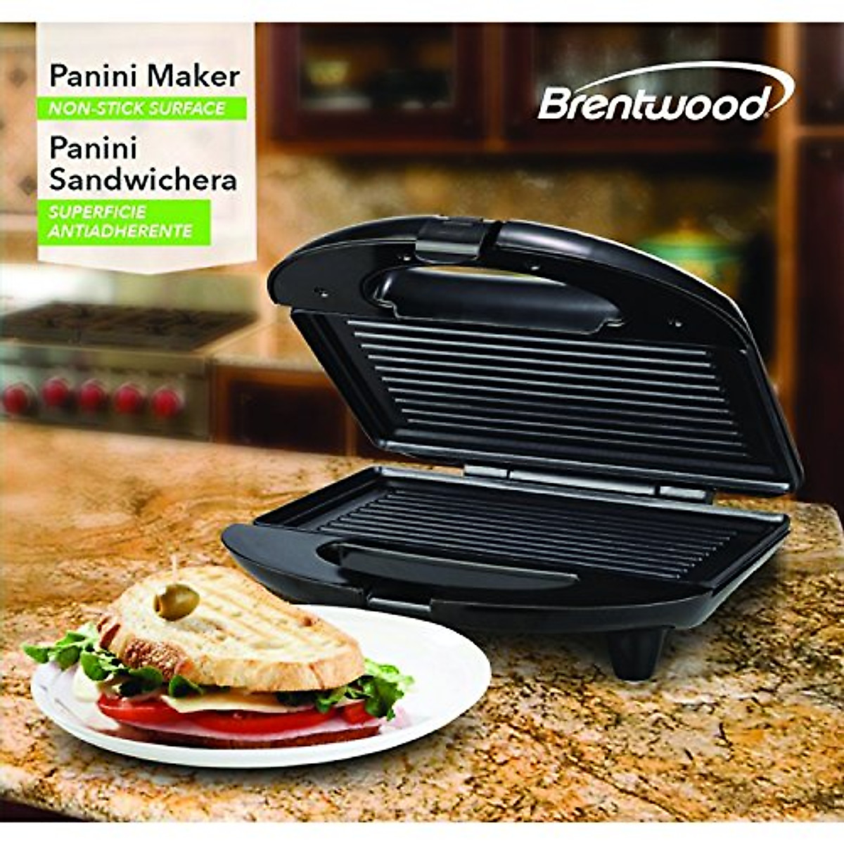 Brentwood Panini Press and Sandwich Maker Non-Stick, 9.75" x 9.75" x 3.75", Black