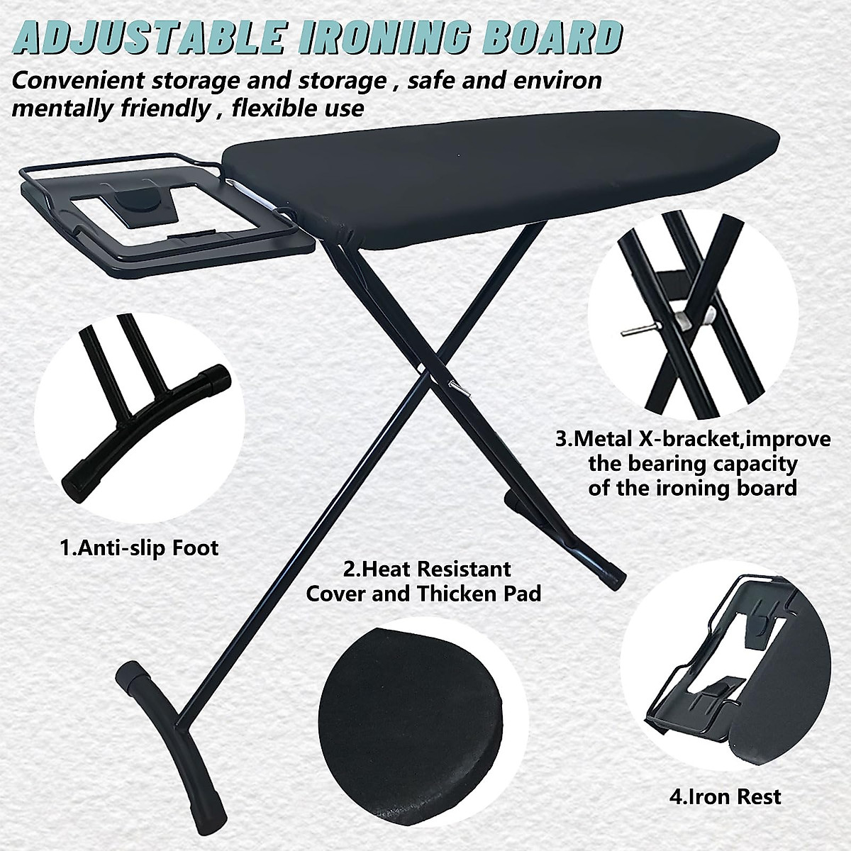 ikaufen Ironing Board, Non-Slip Foldable Tabletop Iron Board with Steam Iron Rest and Thicken Felt Pad, Heavy Sturdy Metal X-Legs Ironing Board (Black)