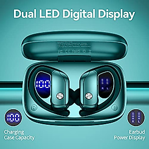 Wireless Earbuds Bluetooth Headphones 48hrs Play Back Sport Earphones with LED Display Over-Ear Buds with Earhooks Built-in Mic Headset for Workout Green BMANI-VEAT00L