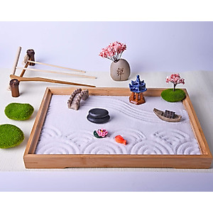 Japanese Zen Garden - Home & Office Desk Mini Garden with Rock Vase Fish Bridge Boat Cherry Trees - Meditation Gift Set for Relaxation - 3 Rake Tools and Zen Accessories (Rectangular)