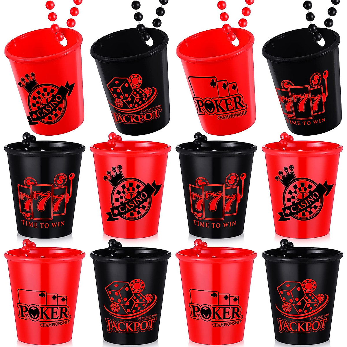 Kingdder 12 Pcs Casino Shot Glass Necklace on Beaded Plastic Shot Necklace Cup Shot Glasses Casino Themed Party Favors, Graduation Las Vegas Party Decoration, 4 Styles(Casino)