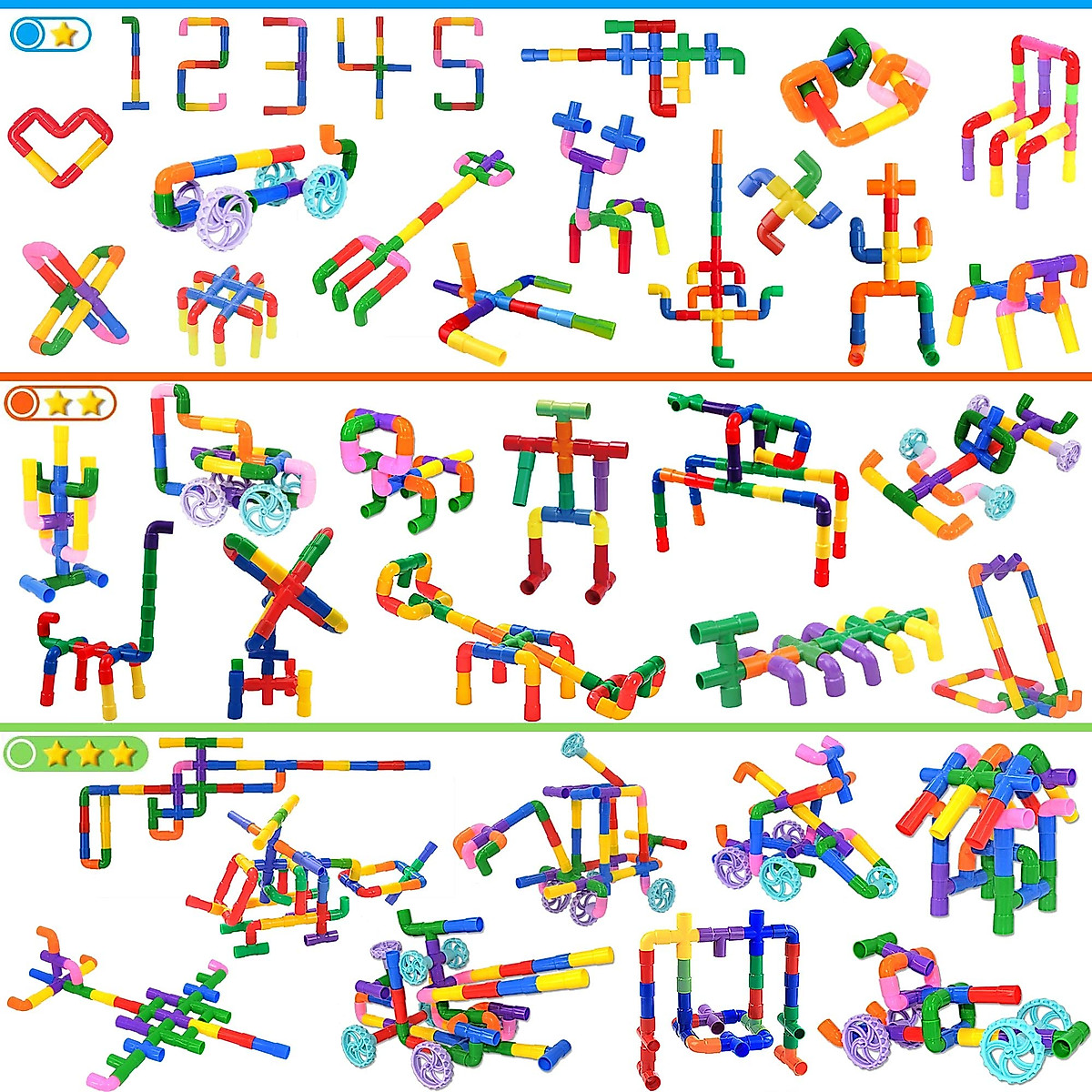 FUBAODA STEM Learning Pipe Tube Toys, Tube Locks Construction Building Blocks 96 Pcs - Multicolor Educational Building Blocks Set with Wheels& Spouts & Joints for Kids Ages 3+