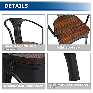 LSSBOUGHT Tolix Style Metal Dining Chair Indoor-Outdoor Use Kitchen Chairs Stackable Arm Chairs Set of 2 (Black)