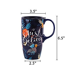 DUSVALLY Ceramic Travel Mug with Handle, Splash-Resistant Slider Lid, Ceramic Coffee Mug for Office and Home, Microwave & Dishwasher Safe, Just Believe Flower