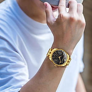 FANMIS Men's Luxury Analog Quartz Gold Wrist Watches Business Stainless Steel Band Dress Wrist Watch Classic Calendar Date Window 3ATM Water Resistant (Black)