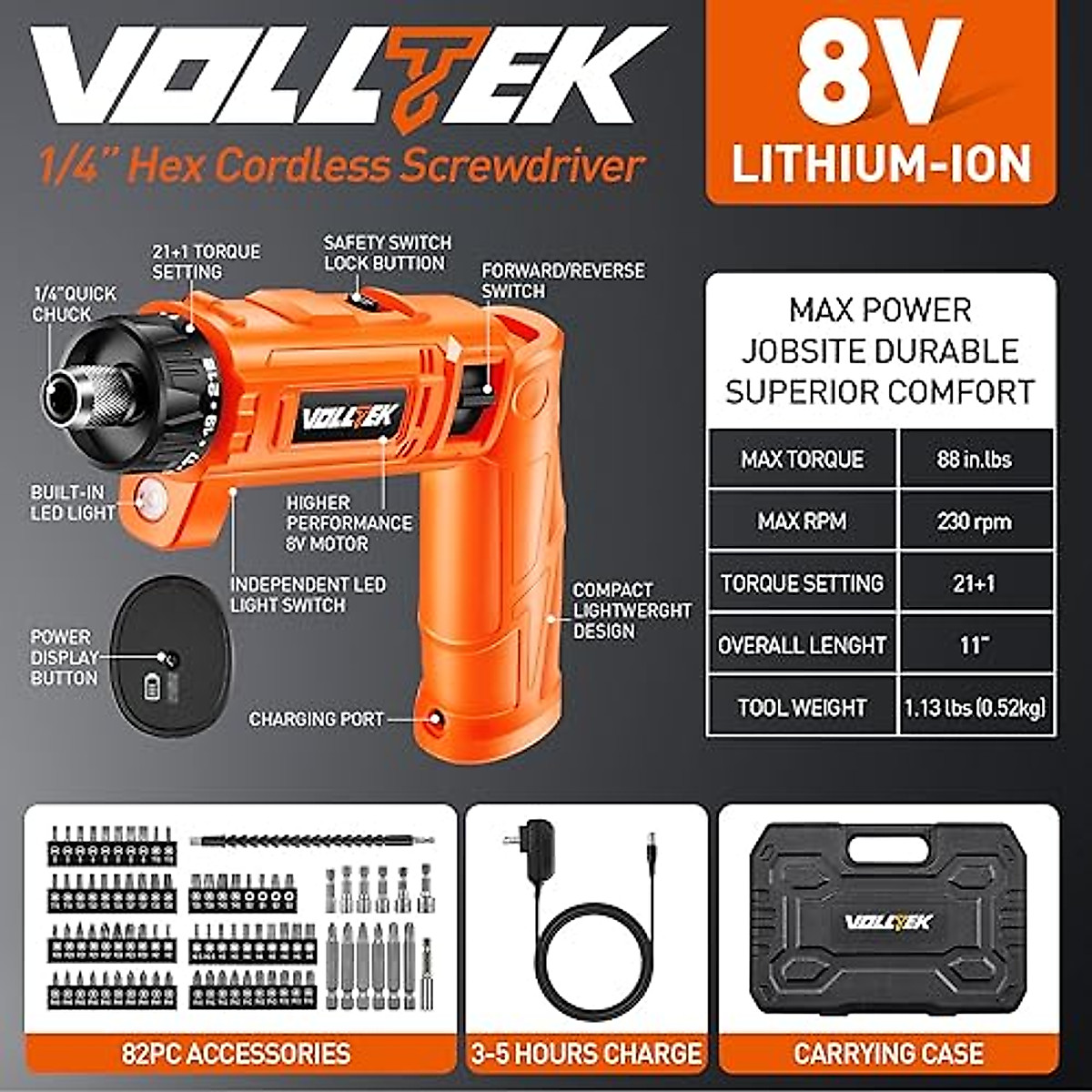 Volltek Cordless Screwdriver, 8V Max 10Nm Electric Screwdriver Rechargeable Set with 82 Accessory Kit and Charger in Carrying Case, 21+1 Cluth, Dual Position Handle, LED Light, VTCD2623