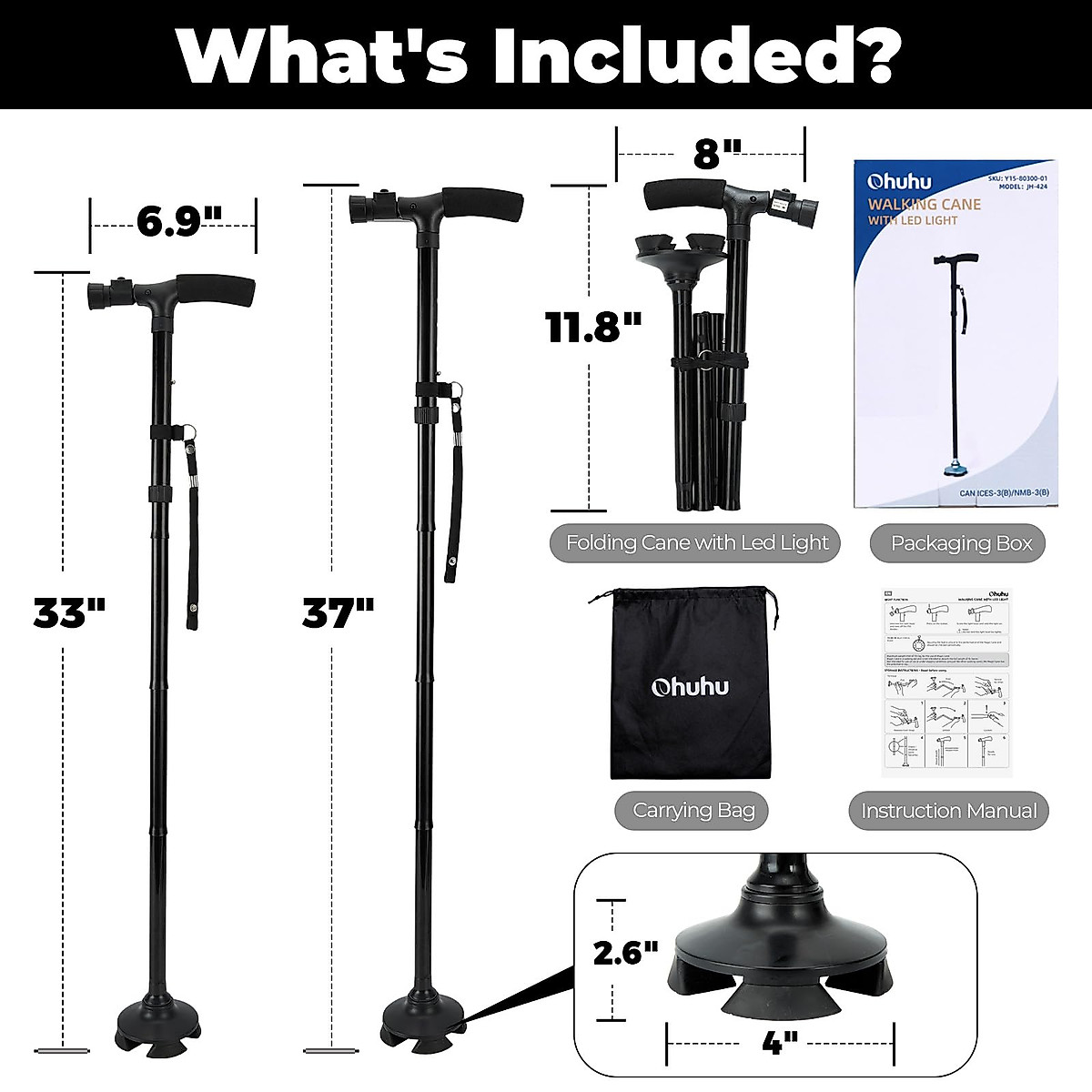 Walking Cane with LED Light: Ohuhu Folding Cane for Men Women Foldable Walking Stick with Strap Portable Adjustable Lightweight Free Standing Canes with Carrying Bag for Fathers Mothers