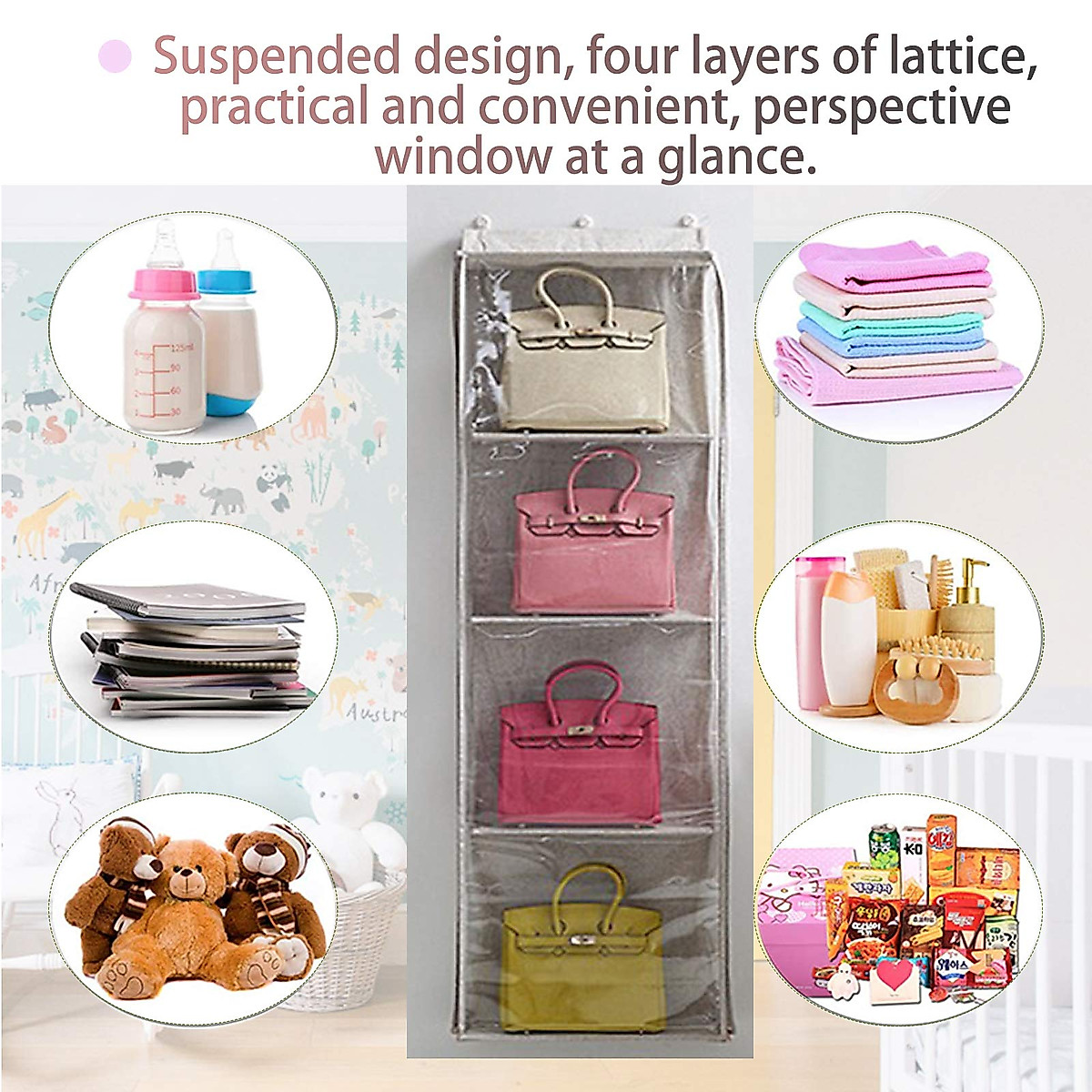 Handbag Organizer Storage Purse Bag Hanger with 4/5 Easy Access Deep Pockets Fully Sealed with Zipper dust-Proof for Closet Wall…(Gray, 4 Pockets)