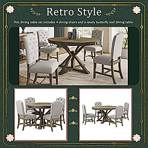 Woanke 5 Piece Functional Furniture Retro Style Set with Extendable Table and 4 Upholstered Chairs for Dining Living Room, Natural Wood Wash
