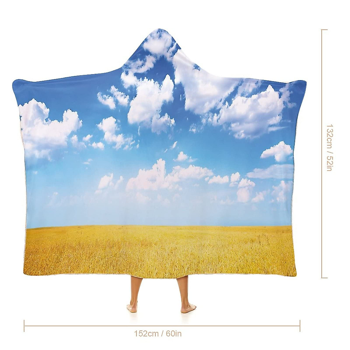 Hooded Blanket Poncho, Yellow and Blue Women Men Hooded Blanket, Wheat Field Vibrant Summer Harvest Sunbeam, Soft Warm Cozy, 40 x 50inches, Studying Reading Snuggling Napping Office