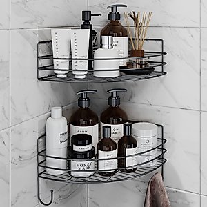 Corner Shower Shelves with 4 Hooks, 2-Tier Stainless Steel Bathroom Shower Organizers, Wall Mounted Caddy Shelves No Drilling with Adhesive, Triangle Storage Shelf for Toilet, Dorm and Kitchen, Black