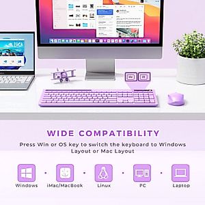 Keyboard and Mouse Wireless, Vivefox Wireless Keyboard with Phone Holder USB A & Type C Receiver Cute Keyboard and Mouse Compatible for Windows, Mac, MacBook/Air/Pro Computer (Purple)