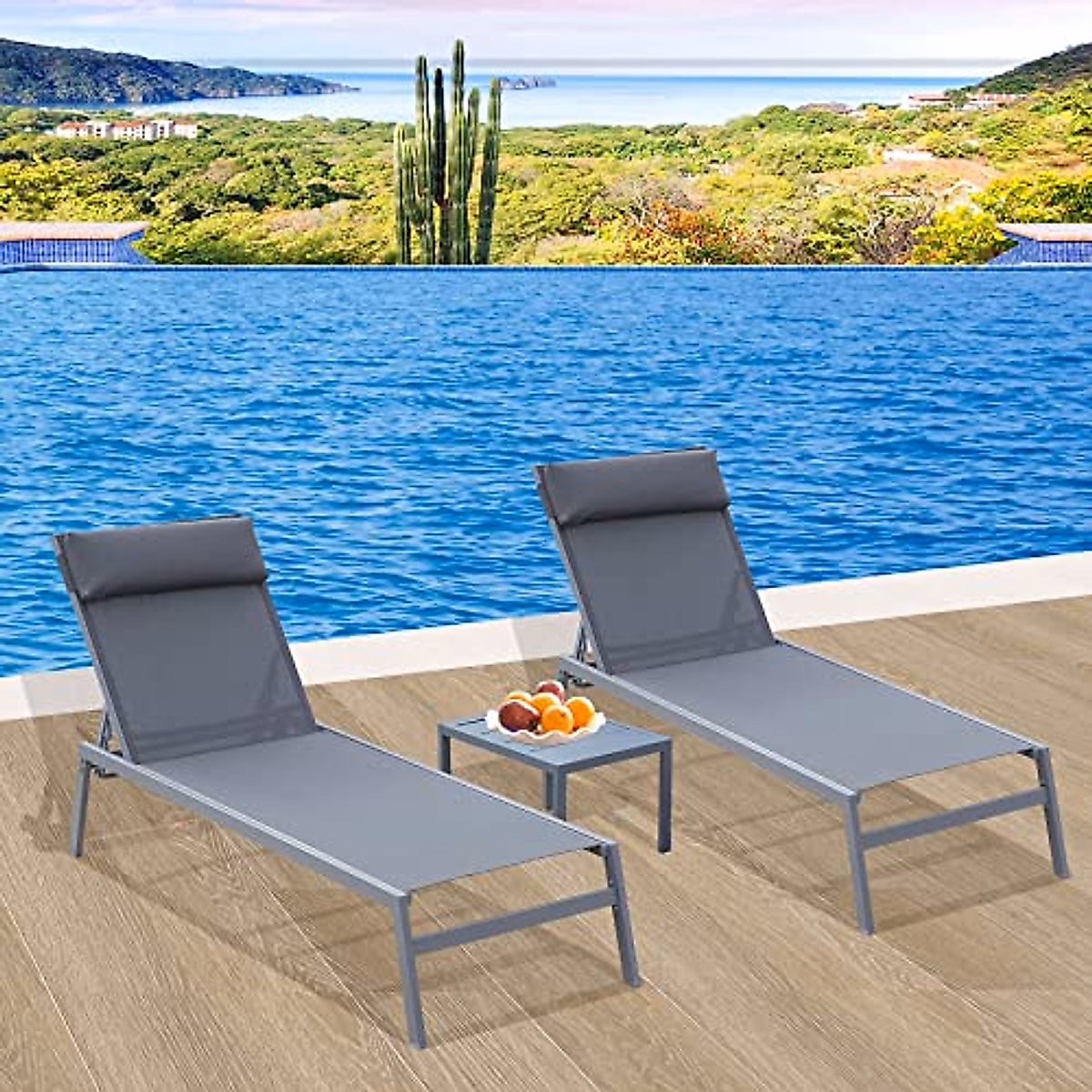 domi outdoor living 3 Pieces Adjustable Chaise Lounge Set Outdoor Patio Lounge Chair All Weather Five-Position Recliner Chair Set w/Coffee Table for Patio, Pool, Yard (Grey)