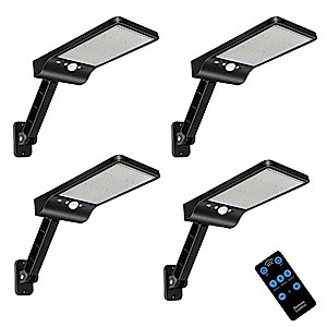 Aqonsie Solar Lights Outdoor with Remote, 180° Adjustable 56LED Solar Flood Light, Outside Security Motion Sensor Lights Outdoor with 3 Lighting Modes for Backyard,Gutter,Garden,Front Door 4 Pack