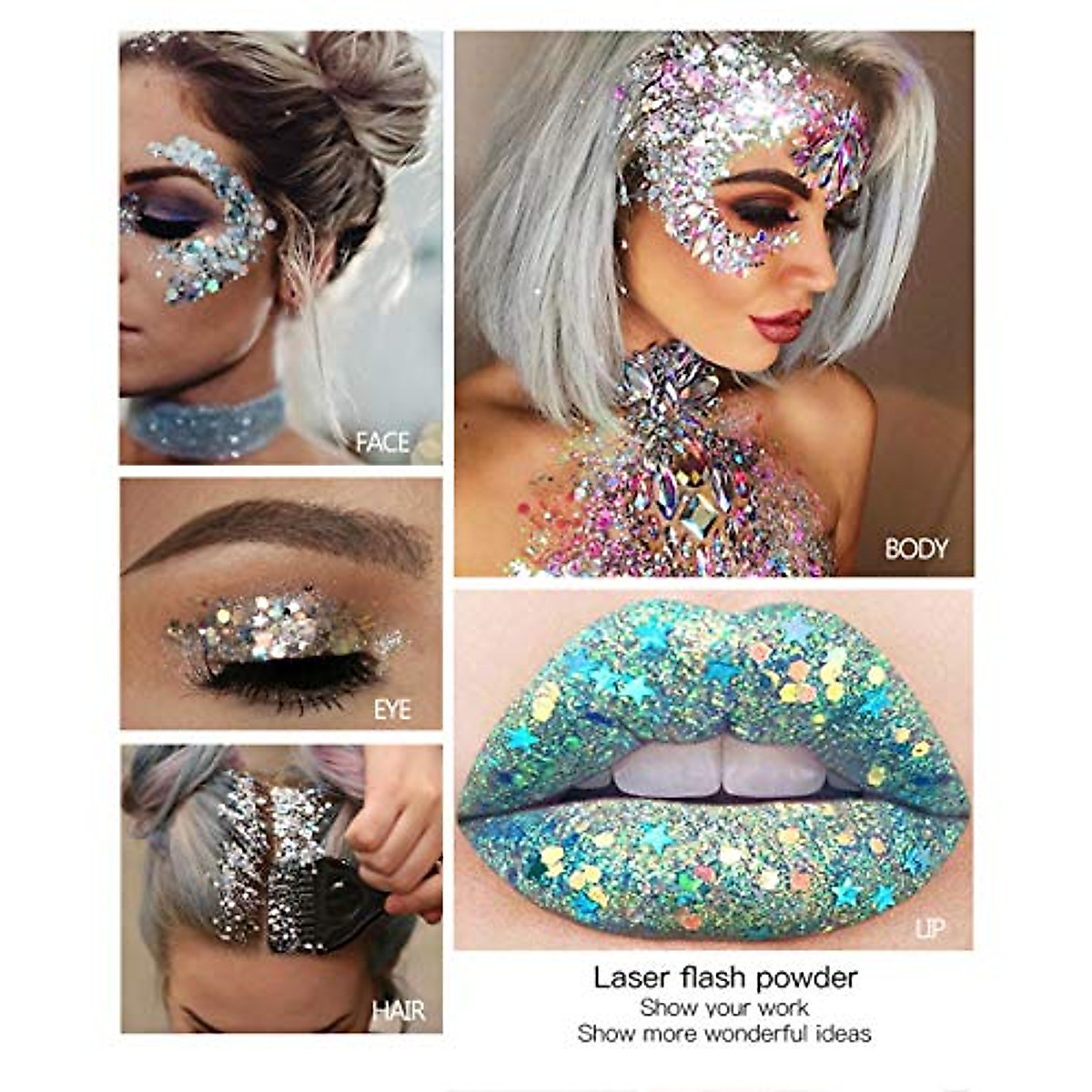 GL-Turelifes Mermaid Sequins Chunky Glitter Liquid Eyeshadow Glitter Body Gel Festival Glitter Cosmetic Face Hair Nails Makeup Long Lasting Sparkling 30g (#09 White)
