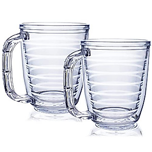 Clear Coffee Mugs set of 2, Unbreakable, Microwave, Freezer, Top-Rack Dishwasher Safe, 12 oz Plastic Tumblers w/ Handle, Mocha Latte Tea & Water Clear Drinking Cups look like Glass Made in USA
