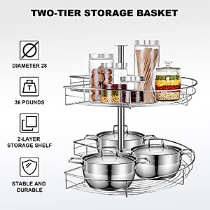 LIVOSA 32" Kidney Shaped Organizer Lazy Susan, 2-Shelf Stainless Steel Kitchen Kidney Shaped Organizer/Rotating Bask
