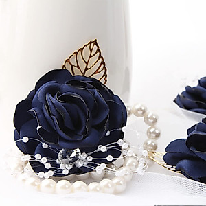 WANLIAN Wrist Corsage Rose Bridesmaid Wedding Flowers Prom Corsage And Boutonniere Set for Wedding Party Prom Groom Bridal (Navy blue)