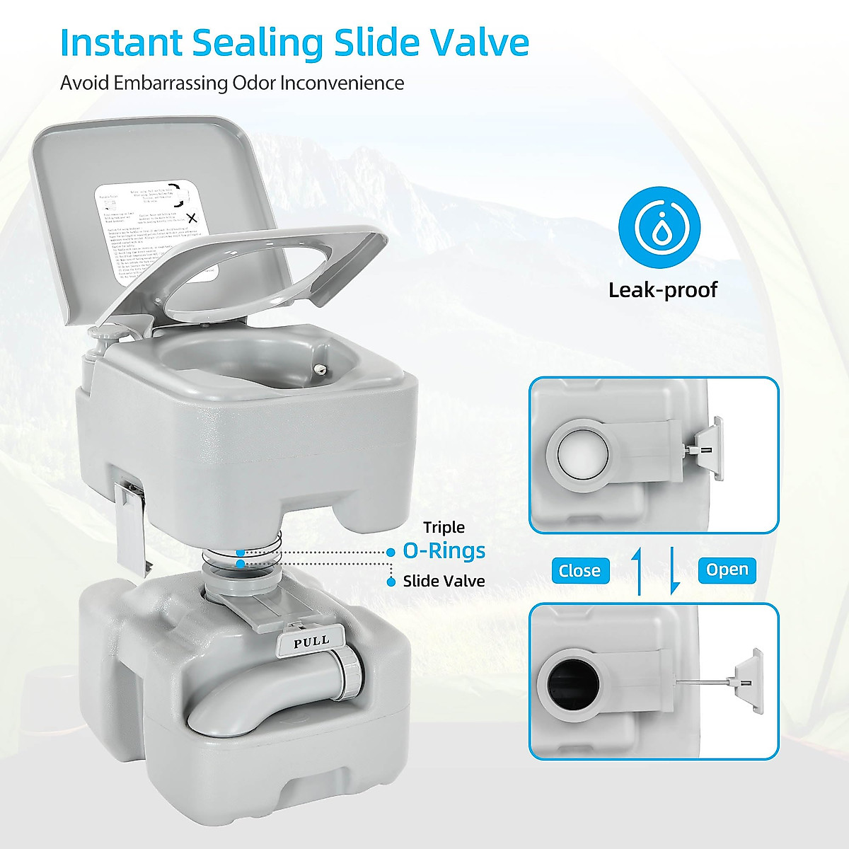 YITAHOME 5.3 Gallon Portable Travel Toilet RV Potty Upgrade Double Outlet Water Spout Handle Flush Pump Detachable Water Tank with Drag Wheel for Camping Boating Hiking Trips