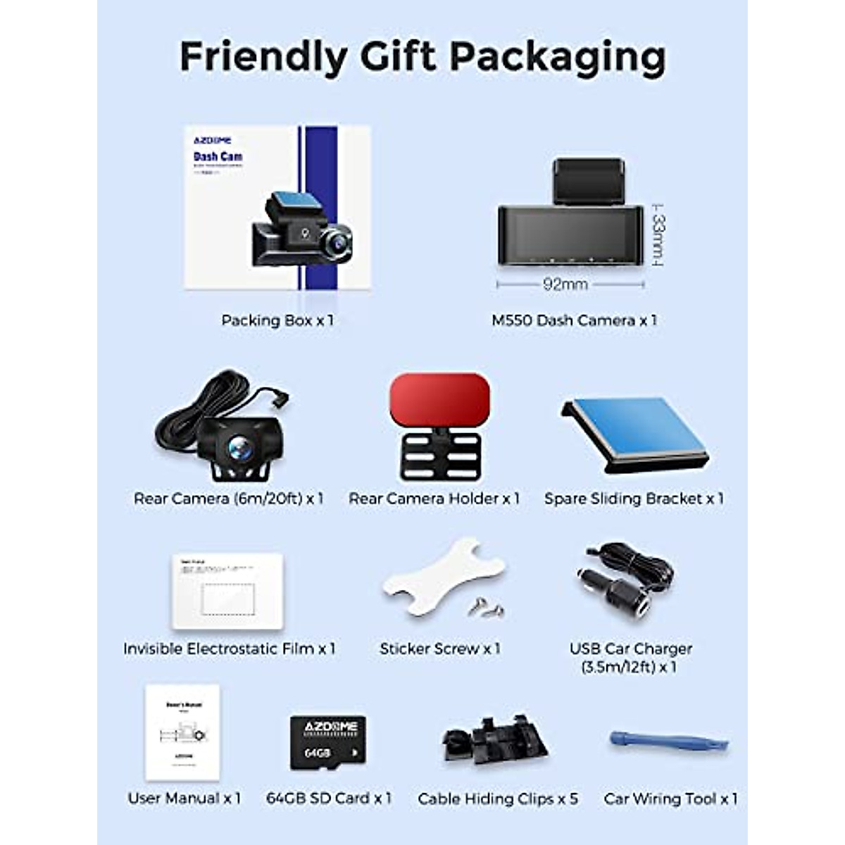 AZDOME 4K Dual Dash Cam Built-in WiFi GPS Front 4K/2.5K and Rear 1080P, with 64GB Card, Dual Dash Camera for Cars, 3.19" Display, Dashboard Camera Recorder Capacitor, Parking Mode, Support 256GB Max