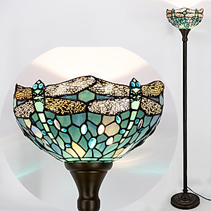 WERFACTORY Tiffany Floor Lamp Sea Blue Stained Glass Dragonfly Light 12X12X66 Inches Pole Torchiere Standing Corner Torch Uplight Decor Bedroom Living Room Home Office S147 Series