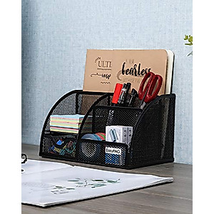 EasyPAG Desk Organizer Mesh Desktop Office Supplies Multi-functional Caddy Pen Holder Stationery with 6 Compartments and 1 Drawer for Office, Home, School, Classroom, Black