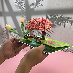 NORVAS Pop Up Anniversary Cards 3D Cherry Blossom Bridge with Couple in Love, Romantic Greeting Card for Wife, Husband, Her, Him, Wedding Card, Happy Valentine’s Day, 6"x 8" Happy Mother’s Day Pop Up Card