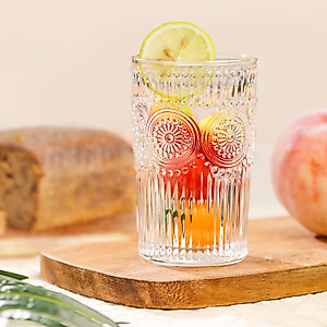 BOATDID Vintage Drinking Glasses Tumbler Set of 6,Embossed Water Glasses Cocktail,Juice,Beer,Iced Coffee,Clear Glassware for Kitchen,Thick & Heavy Glass Highball Glasses with Heavy Base 12oz/9oz