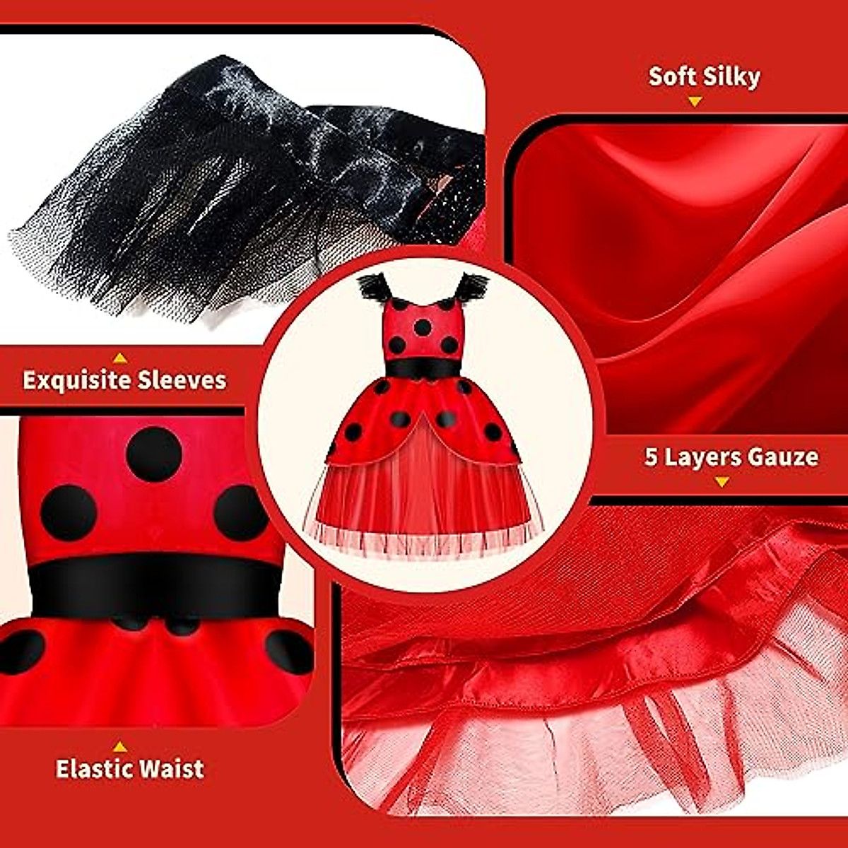 INNOCHEER Ladybug Dress Costume for Girls, Ladybug Costume Toddler Halloween Birthday Dress Up Pretend Play for Kids 2-10