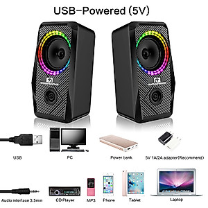 MANBASNAKE Computer Speakers RGB Gaming Speakers with 2.0 Wired USB Powered Stereo Volume Control,6 LED Modes,Dual Channel Multimedia AUX 3.5mm for PC Laptop Desktop Monitors(Black)