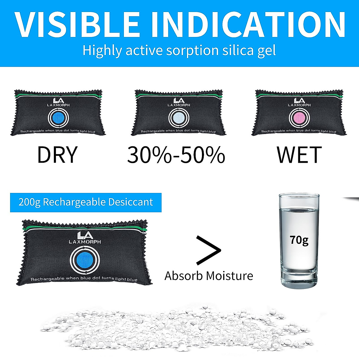 200g Rechargeable Desiccant, Moisture Absorbing Bag Reusable & Absorbs Moisture & Humidity, Rechargeable Dehumidifier Bag for Gun Safe,Cars,Bins,Totes,Food Storage,Clothes,Suitcase (4, Black)