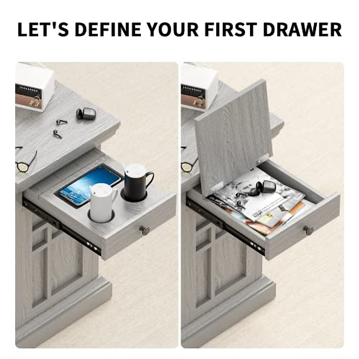 JUMMICO Side Table with Drawer & USB Ports & Power Outlets, End Table with Charging Station, Narrow Nightstand with Shelf for Small Space, Sturdy Storage Cabinet for Living Room Bedroom (Grey)