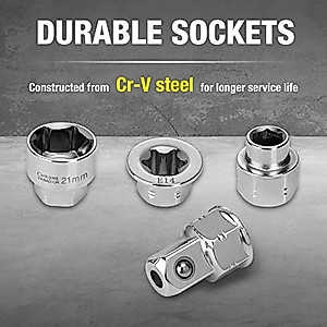 DURATECH 27PCS Extra Long Flex Head Ratcheting Wrench Set, 8-22mm, Double Box End Ratchet Wrench Set with E-type 8-22mm Replacement Heads, 10x19mm, 1/4", 3/8", 1/2" Socket Adapters