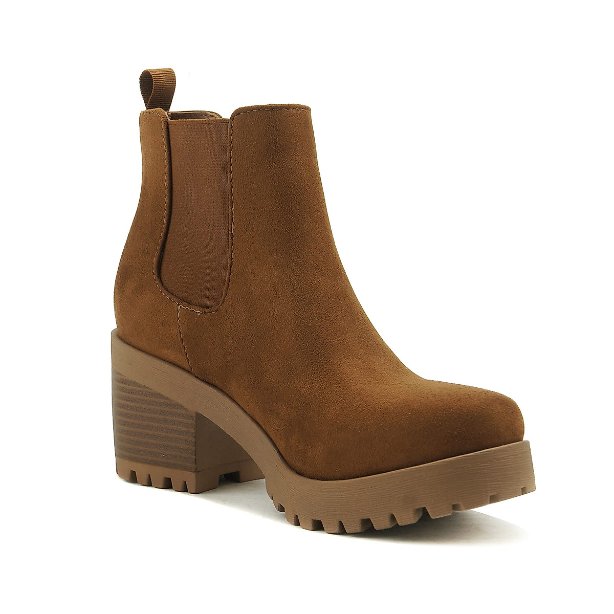 Soda Top Shoes Jaber Ankle Boot W Lug Sole Elastic Gore and Chunky Heel (Chestnut, 10)