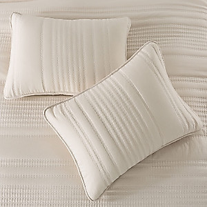 HIARUO Queen Quilt Bedding Set, Full Size Striped Coverlet Bedspread (90x90 inch) with 2 Pillow Shams (20x26 inch) for All Season, Beige/White