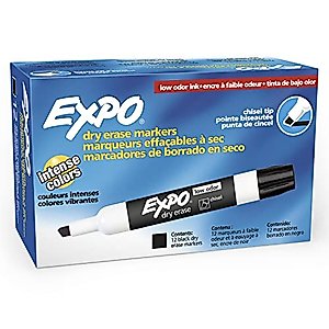 EXPO Low Odor Dry Erase Markers, Chisel Tip, Black, 12 Count