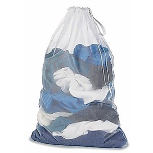 Large Mesh Drawstring Travel Laundry Bag Polyester White 1 Pack Durable,Reusable,Foldable,Heavy Duty Storage Hanging Apartment Commercial Wash Bag For Delicates Clothes,Dirty Garment,Socks,Blouse