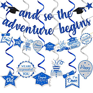 Blue and White And So The Adventure Begins Banner Blue and White Graduation Party Decorations 2024 Blue Graduation Decorations Class of 2024 Graduation Party Decorations 2024 Blue
