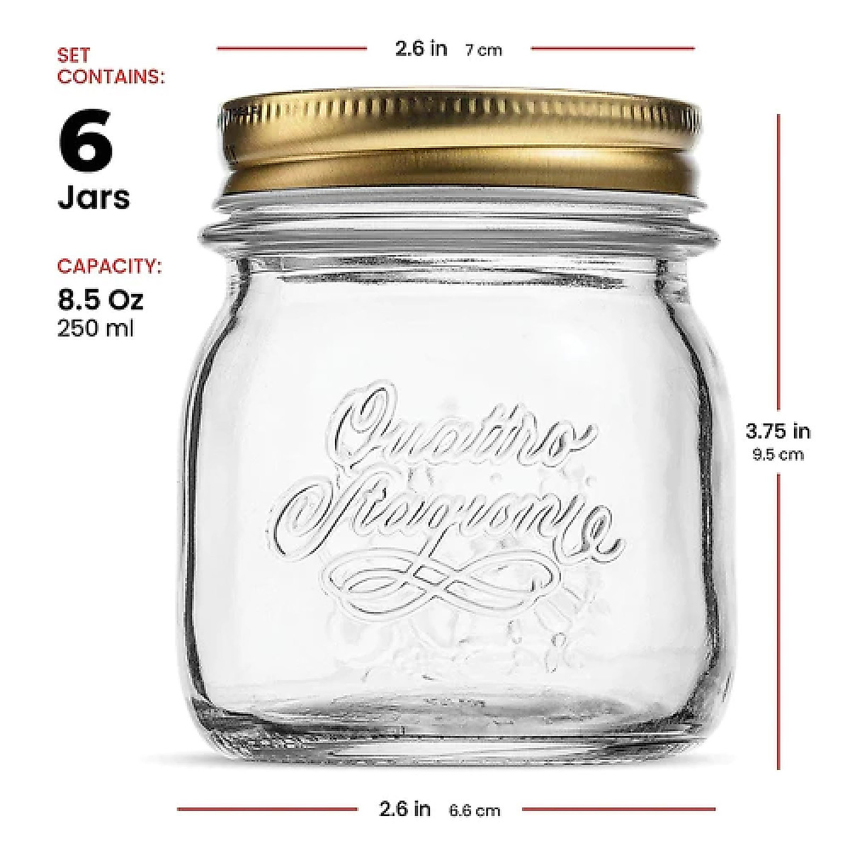 Bormioli Rocco Quattro Stagioni Set of 6 Clear Airtight Mason Jars, 8.5 Oz. Made from Food Safe Durable Glass, Made in Italy.