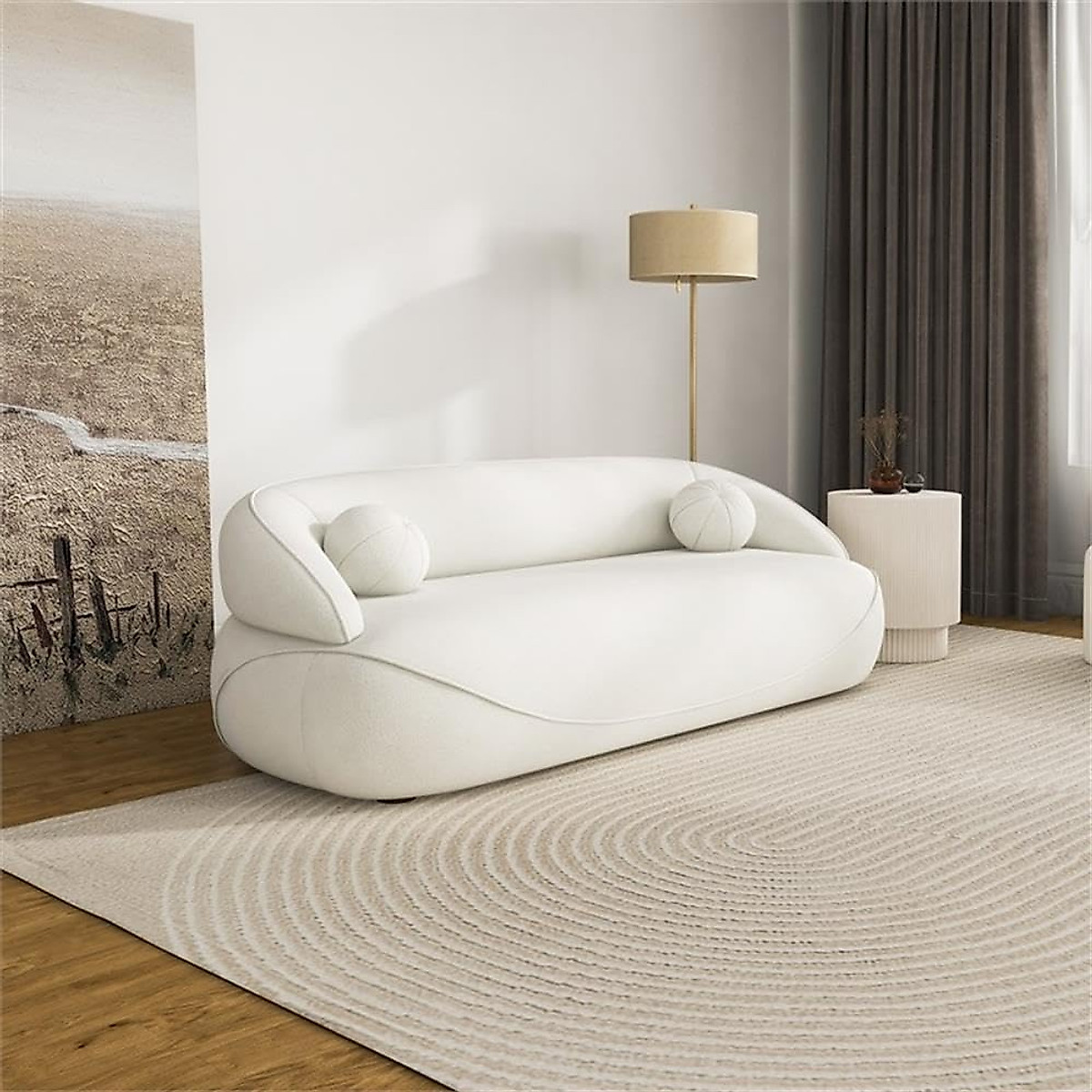 Ashcroft Furniture Co Borsan Modern Luxury Japandi Style Boucle Fabric Curvy Sofa Couch in Ivory