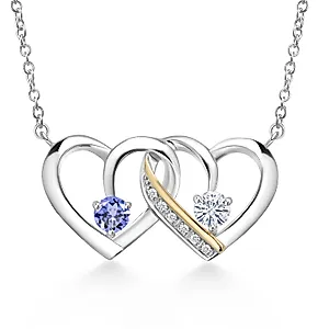 Gem Stone King 925 Silver and 10K Yellow Gold Blue Tanzanite Moissanite and Lab Grown Diamond Interlocking Heart Pendant Necklace For Women (0.56 Cttw, with 18 Inch Chain)