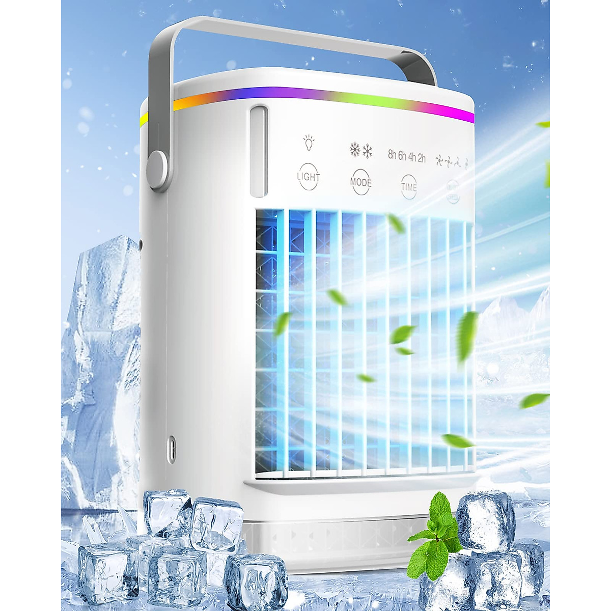 Portable Air Conditioners, 4 Speeds Evaporative Air Cooler Humidifier 600ML Waterbox Mini Air Conditioner, 2/4/6H Timer, 2 Misting Modes and LED Light, Perfect for Home Office Bedroom Camping