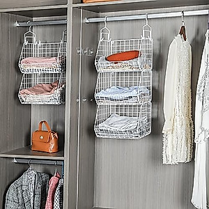 5 Tier Closet Hanging Organizer, Clothes Hanging Shelves with 4 Hanging Hooks 5 S Hooks, Wire Storage Basket Bins, for Clothing Sweaters Shoes Handbags Clutches Accessories Patent Design-White