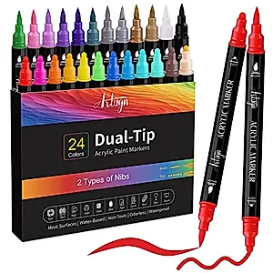 24 Colors Acrylic Paint Pens, Dual Tip Pens With Medium Tip and Brush Tip, Paint Markers for Rock Painting, Ceramic, Wood, Plastic, Calligraphy, Scrapbooking, Brush Lettering, Card Making, DIY Crafts